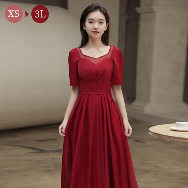 ドレス ワインレッド 大人 ピアノ 発表会 ロングドレス ミモレ丈ドレス  赤 演奏会 結婚式 母親 パーティードレス ワンピース フォーマルドレス イブニングドレス 20代 30代 40代 大きめ 親族  袖あり 成人式 同窓会 お呼ばれ