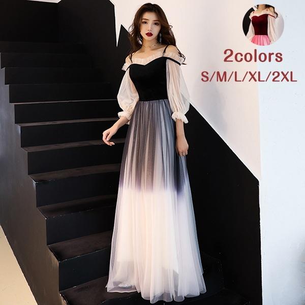 【送料無料】パーティードレス ロングドレス 長袖 袖あり 肩出し 演奏会 キャミソールドレス ブラック ワインレッド ドレス 大人 ピアノ 発表会 結婚式 演奏会用ドレス ロング丈 大きいサイズ 2XL キャミソール