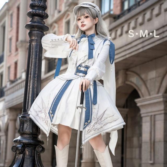 ロリータ 可愛い 萌え萌え 軍服風 騎士風 リボン Lolita 膝上丈 レディース コスチューム 仮装 演出 ステージ 学園祭 文化祭 ホワイト S M L