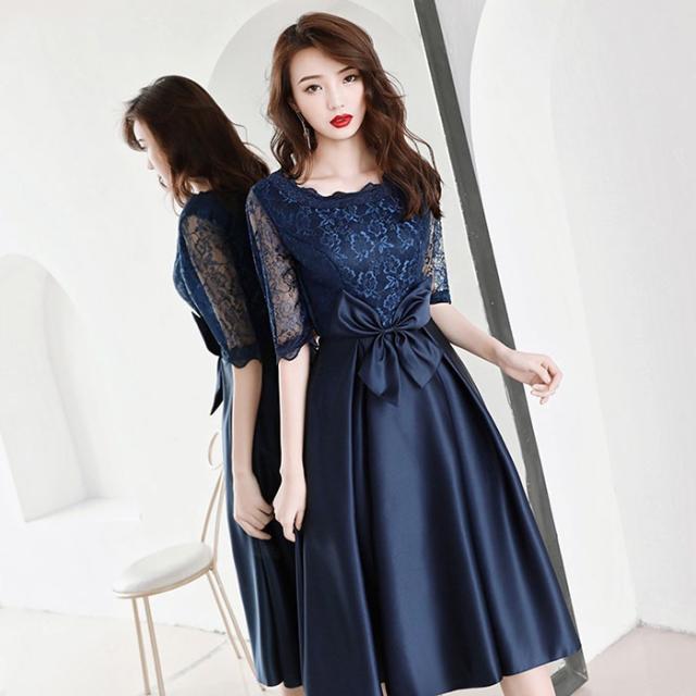【送料無料】パーティードレス レディース ネイビー 結婚式 ワンピース ウエディングドレス フォーマル ミモレ丈 ドレス レース リボン お呼ばれ 結婚式 ドレス 二次会 ピアノ 発表会 披露宴 演奏会 ドレス 大きいサイズ 大人