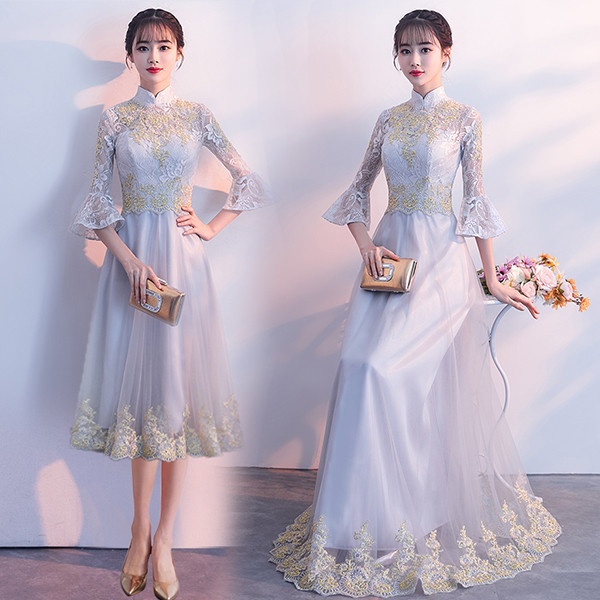 【送料無料】サイズ有XS/S/M/L/XL/2XL/3XL ロングドレス 袖付き 演奏会 ロングドレス ｖネック オブロング チャイナ 母親 結婚式ワンピース ドレス 大人 ピアノ 発表会 ドレス 大人 演奏会用ドレス ロングドレス