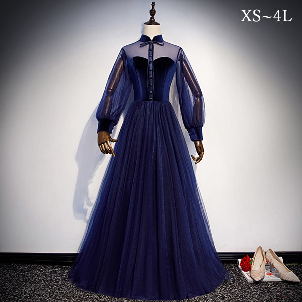 ドレス 大人 ピアノ 発表会 パーテイードレス ブラックドレス 大きいサイズ 小さいサイズ 演奏会 結婚式 母親 演奏会用ドレス ロング 黒 披露宴 レディース 演奏会ドレス ピアノ発表会 韓国 イブニングドレス パーティードレス Aライン ワンピース ネイビー da024l9