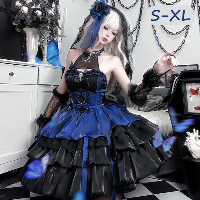 ワンピース ロリータ Lolita ブラック×ブルー ハロウィン プリンセス S-XL おしゃれ コスプレ パーティー プレゼント レディース コスチューム