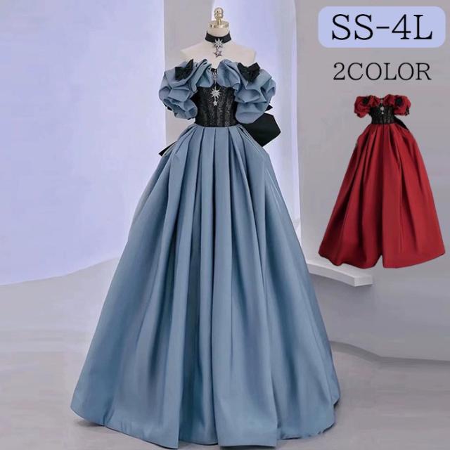 ドレス 半袖 レディース オフショルダー ブルー ワインレッド 2色展開 大人 ピアノ 発表会 ロングドレス 演奏会 演奏会用ドレス ピアノ発表会 結婚式 高校生 パーティードレス 大きいサイズ コンクール イブニングドレス ロング ステージドレス SS S M L 2L 3L 4L