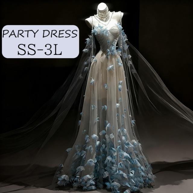 パーティードレス ロングドレス レディース ブルー チュール 花びらデザイン 高級感 フランス風 エレガント 演奏会 演奏会用ドレス ピアノ発表会 結婚式 高校生 コンクール イブニングドレス ロング 演奏会ドレス ステージドレス SS S M L 2L