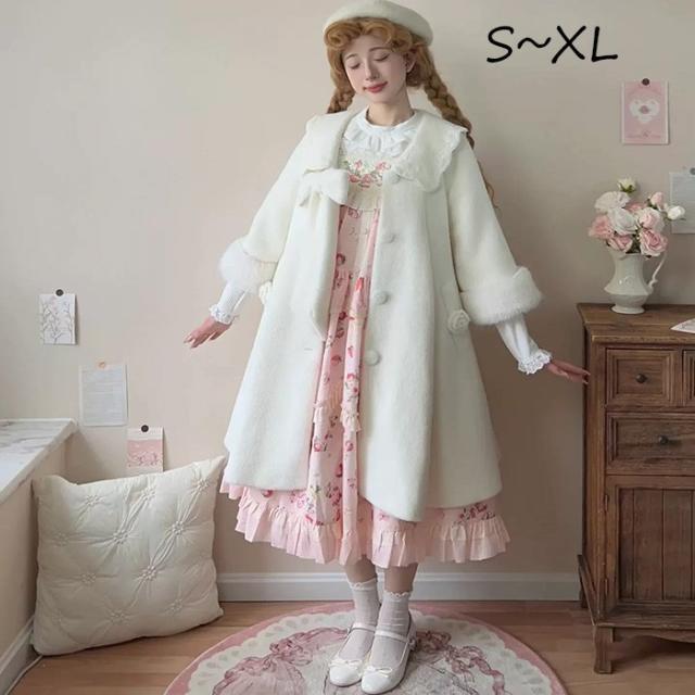 ステンカラーコート 冬服 ジャケット 膝丈 もこもこ フリル コート ロリータ ロリータアウター トップス アウター 小柄 可愛い 着痩せ 女の子 長袖 袖あり 秋 冬 衣装 ゴスロリ 厚手 防寒 寒さ対策 秋冬