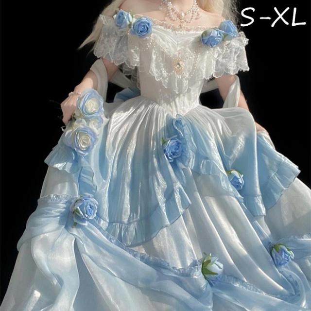 ワンピース ロリータ Lolita ブルー  成人式 パフスカート S M L XL おしゃれ コスプレ お嬢様 パーティー プレゼント イブニングドレス レディース コスチューム ドレス プリンセス ロマンティック