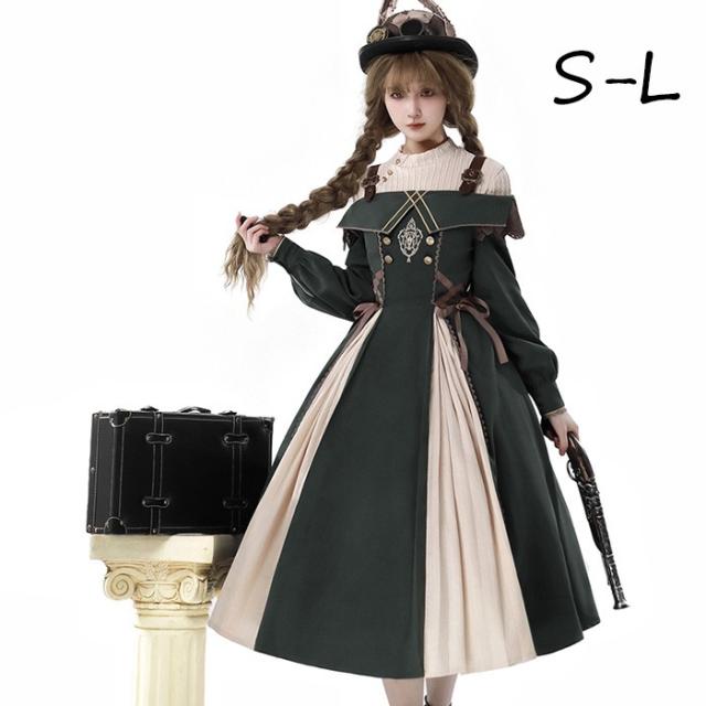 ロリータ コスチューム トップス ワンピース レトロ風 リボン レディース ゴスロリ 洋服 長袖 フリル コスプレ 衣装 洋服 可愛い 日常 仮装 パーティ イベント ステージ 文化祭 学園祭 春夏秋用 グリーン