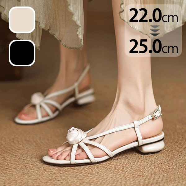 ストラップサンダル 夏 華奢サンダル 花飾り 細ストラップ 痛くない 歩きやすい ラウンドトゥ きれいめ おしゃれ ブラック 黒 オフホワイト 通勤 オフィス 旅行 バカンス お出かけ デート 22.0 22.5 23.0 23.5 24.0 24.5 25.0