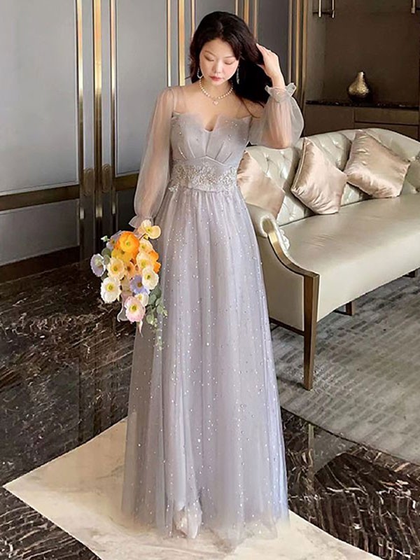 パーティードレス ロングドレス 演奏会 袖付き グレー ベージュ 大きい