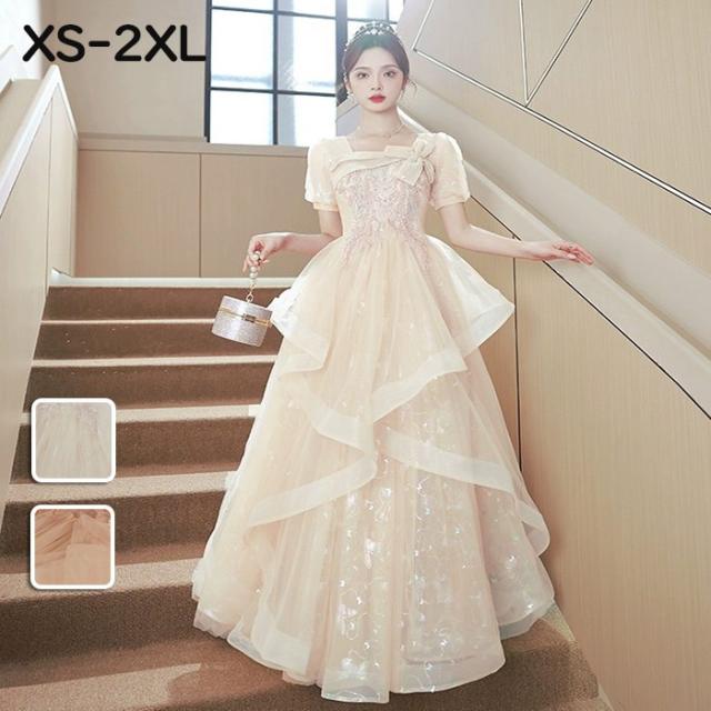 パーティドレス ロングドレスドレス レディース ロング丈  ピアノ 発表会 結婚式  イブニングドレス フォーマル 大人 ドレス エレガント  お呼ばれ 袖あり  二次会 披露宴 演奏会 忘年会 司会 シャンパン色 ベージュ