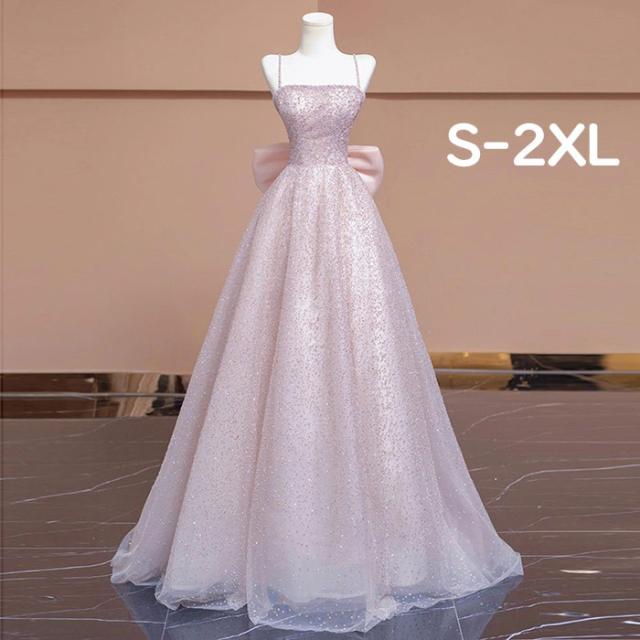 ドレス レディース ロング丈  ピアノ 発表会 パーティードレス 結婚式  肩出し 袖なし イブニングドレス フォーマル   キラキラ 着痩せ きれいめ エレガント お呼ばれ 二次会 披露宴 演奏会 忘年会 司会ドレス ピンク