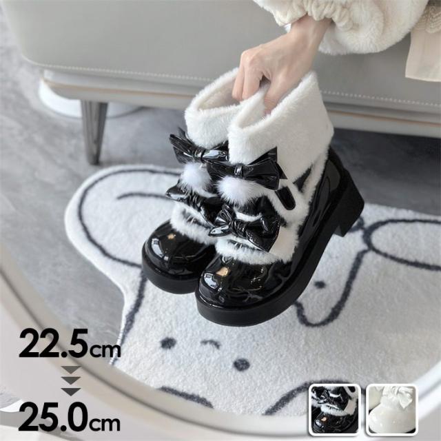 ふわもこシューズ  ショートブーツ  レディース  ボア付き  秋冬 もふもふブーツ  ロリータ靴  可愛い  姫様  女の子 おしゃれ 日常  美脚  暖かい ブラック ホワイト