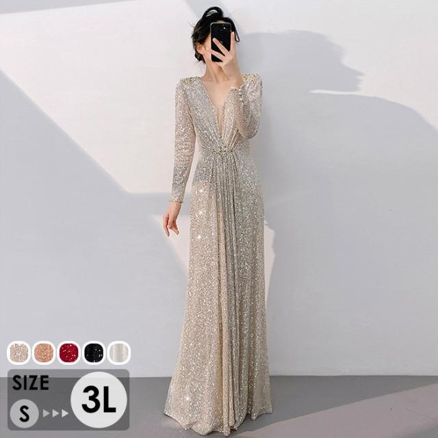 ドレス 大人 ピアノ 発表会 ロングドレス Vネック 長袖 演奏会 演奏会用ドレス ピアノ発表会 黒 結婚式 高校生 パーティードレス 大きいサイズ 母親 コンクール イブニングドレス ロング 演奏会ドレス 赤 キラキラ