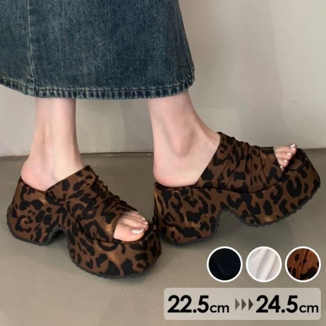 ミュール サンダル ヒール レディース オシャレ 厚底 8cm 厚底サンダル ヒョウ柄 豹柄 レオパード柄 黒 ブラック 白 ホワイト 夏 小さいサイズ 22.5-24.5 ストーム オープントゥ きれいめ 個性的 アニマル柄 靴 女性 大人 つっかけ シューズ ヒールサンダル