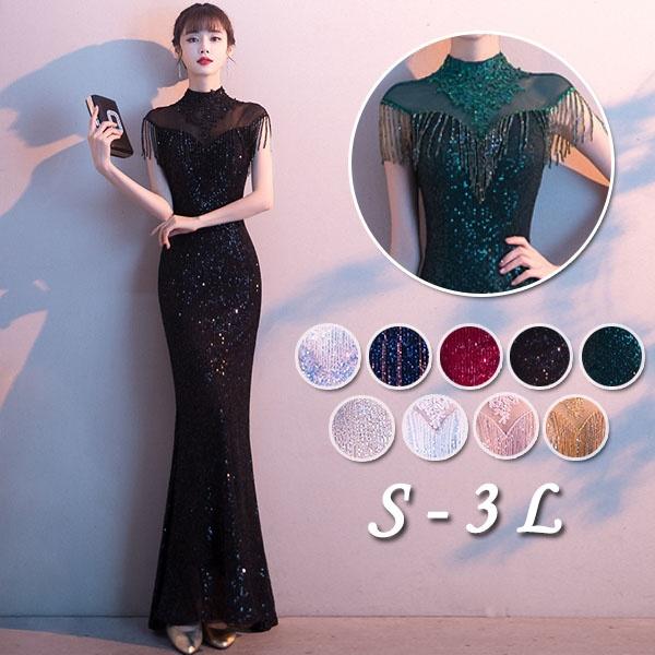 ドレス ロングドレス マーメイドドレス フリンジ袖 キラキラ スタンドカラー ハイネック 上品 マーメイドスカート 透け感 演奏会 ピアノ 発表会 母親 結婚式 大きいサイズ 3L 体型カバー 謝恩会 卒業式 花嫁 合唱団 ホワイト ピンク レッド ブラック 20代 30代 40代 da052n1