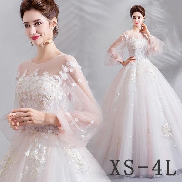 花嫁 ウェディングドレス イリュージョンネック プリンセスライン 白ドレス 花柄 ワンピース プリンセス かわいい シンプル 結婚式 披露宴 前撮り 後撮り 撮影用 フォトウェディング 小柄 小さいサイズ 大きいサイズ ロングドレス da151n1n1l9