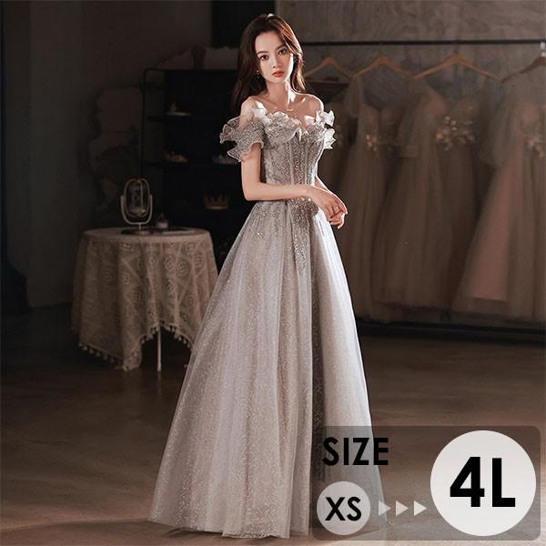 ロングドレス オフショルダー 演奏会 大人 ピアノ 発表会 ワンピース 袖付き キラキラ ドレス フリル 半袖 成人式 同窓会 演奏会ドレス Aライン 結婚式 ステージドレス  パーティードレス ウエディング ハワイ 結婚式 リゾートワンピ グレー XS S M L 2L 3L 4L