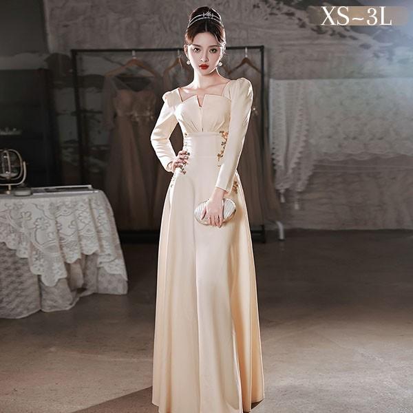 【送料無料】ドレス 大人 ピアノ 発表会 ロングドレス 演奏会 結婚式 母親 ドレス ピアノ発表会 シャンパン 袖付き ワンピース 長袖 演奏会ドレス