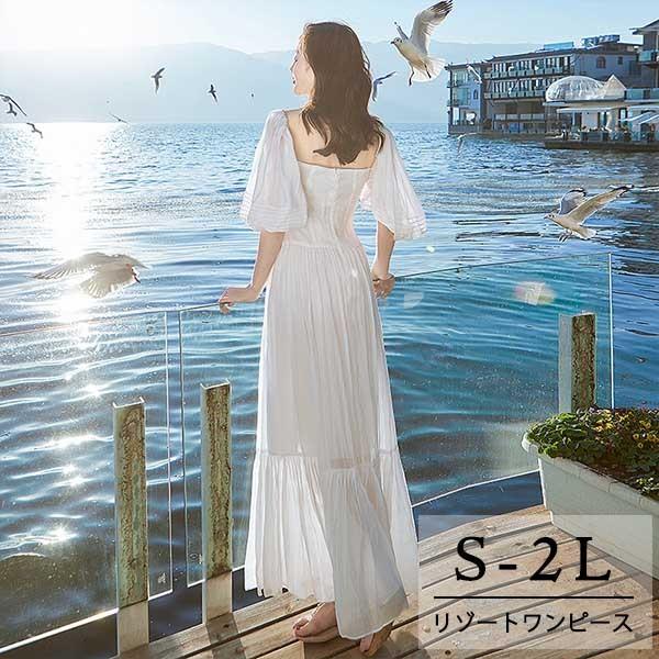 【送料無料】白ワンピース リゾートワンピース 大人可愛い 夏ワンピース リゾートワンピ スクエアネック ワンピース ハワイ ハワイアン 沖縄 夏 結婚
