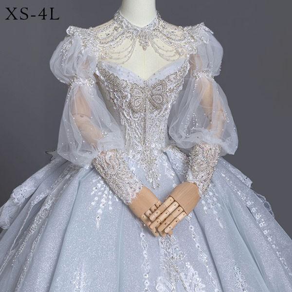 ウエディングドレス ワンピース 白 花嫁 大人 ロングドレス ズ キラキラ パフ 結婚式 二次会 披露宴  パーティードレス