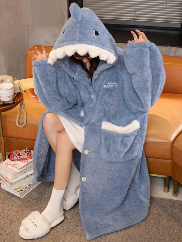 もこもこパジャマ ナイトガウン レディース サメ柄 冬 かわいい 上下