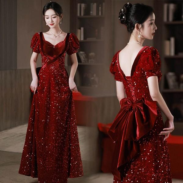 ロングドレス 演奏会 袖付き ドレス 大人 ピアノ 発表会 演奏会用ドレス パーティードレス ワインレッド 赤 キラキラ リボン付き Aライン パーティードレス イブニングドレス XS S M L 2L 3L bs053s1s1l9