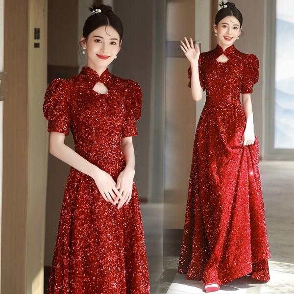 ロングドレス 演奏会 袖付き ドレス 大人 ピアノ 発表会 演奏会用ドレス ハイネック パーティードレス ワインレッド 赤 キラキラ リボン付き Aライン パーティードレス イブニングドレス XS S M L 2L 3L bs054s1s1l9