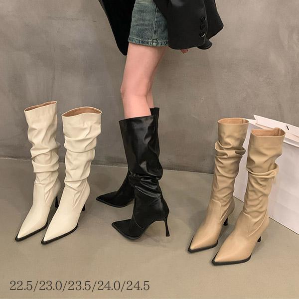 ロングブーツ ルーズ レディース シンプル 疲れない ハイヒール ピンヒール 防寒 靴 歩きやすい 黒 オフホワイト ベージュ 春 秋 22.5 23.0 23.5 24.0 24.5