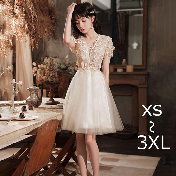 ショートドレス ドレス 大人 ピアノ 発表会 袖付き 可愛い Vネック 膝丈 成人式ドレス 二次会 フォーマル 披露宴 ワンピース Aライン パーティードレス イブニングドレス シャンパン色