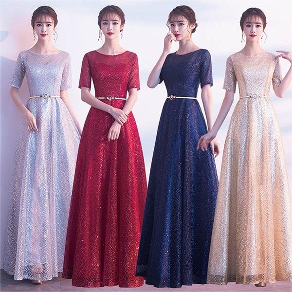 【送料無料】ドレス 大人 ピアノ 発表会 ロングドレス 演奏会 ピアノ発表会 袖あり ラウンドネック パーティードレス ワンピース ステージドレス 女子会 謝恩会 二次会 大人 フォーマル キラキラ Aライン ワインレッド ネイビー グレー