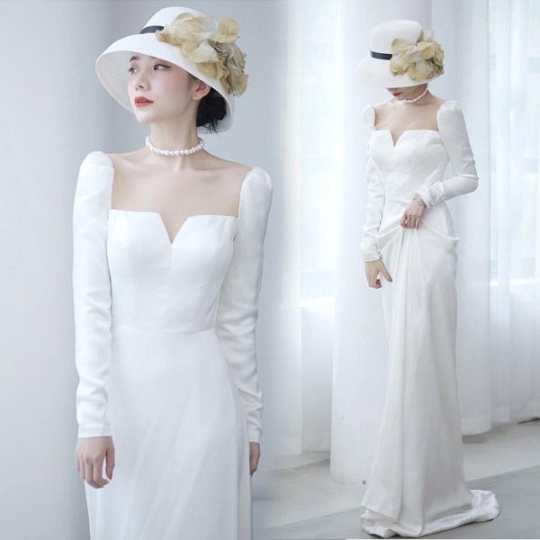 【送料無料】ウェディングドレス ファスナー 長袖 シンプル 白ドレス ワンピース 花嫁 結婚式 二次会 披露宴 前撮り 後撮り 撮影用 ビーチフォト フォトウェディング 小さいサイズ