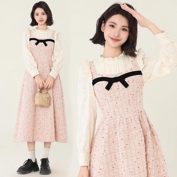 ワンピース 長袖 ロング丈　可愛い 春 ニット ピンク Aライン レディース 柔らか お洒落 保温 通勤 普段着 デート ei249t2t2zu