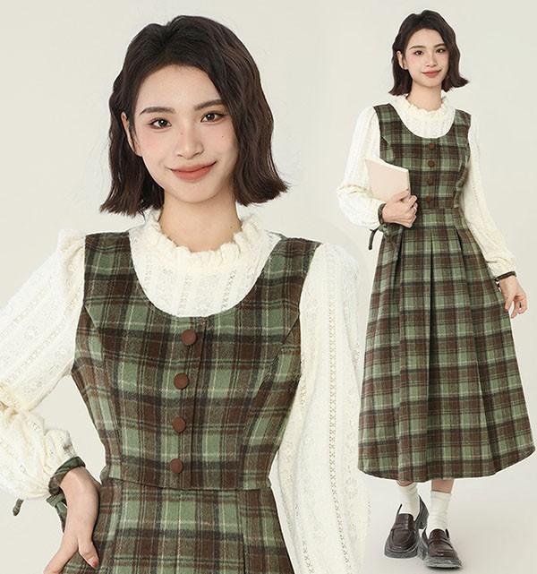 ワンピース 長袖 ロング丈　可愛い チェック柄 グリーン 春 ニット グリーン Aライン レディース 柔らか お洒落 保温 通勤 普段着 デート ei251t2t2l9