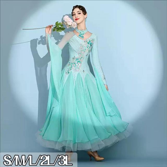 社交ダンス ドレス フリル モダンドレス ラインストーン ビジュー 社交ダンス衣装 長袖 大きい裾 モダン スタンダード ワルツ レディース ワンピース ダンス衣装 ステージ衣装 イベント パーティー 発表会 競技用 コンクール 練習着 レッスン 舞台用 演奏会 be063x0x0jc