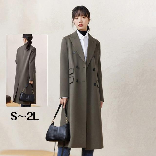 ダブルブレスト ロングジャケット レディース カーキ ロングコート 秋 冬 通勤 通学 デート オフィスカジュアル きれいめ 大人女子 S M 2L 3L  ブラウン