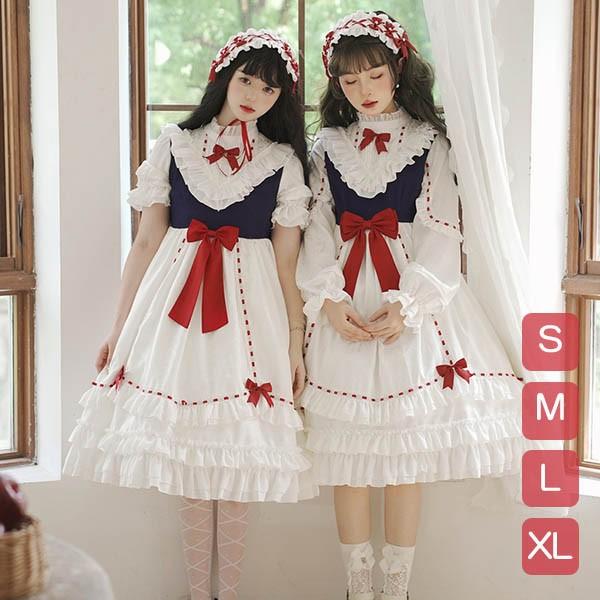 ロリータワンピース クラロリ ホワイト 白 レディース lolita リボン ロリータ 長袖付き 半袖あり 膝丈 小柄 可愛い 着?せ 仮装 コスプレ コスチューム 小柄 可愛い 学生 通学 通勤 着?せ 女の子 ゴスロリ dd153x1x1l9