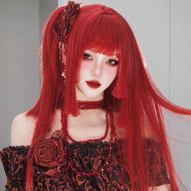 姫カット 中世の貴族風 ストレート レッド 赤髪 フルウィッグ かつら 女性 長髪 ロングウィッグ ロングヘア ロリータ lolita 前髪あり 自然 可愛い wig コスプレ 耐熱ウィッグ 小顔効果 コスチューム 仮装 文化祭 学園祭 演劇 舞台 イベント 変装 女装