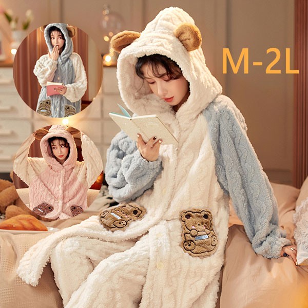 パジャマ レディース 上下セット バスローブ 冬用 ガウン 長袖 ルームウェア クマ耳 女子会 着ぐるみ 着る毛布 防寒 部屋着 寒さ対策
