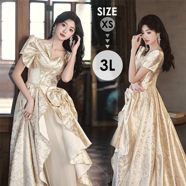 パーティードレス ロング丈ドレス キラキラ レディース 着痩せ 発表会 演奏会 二次会 大きいサイズ エレガント 20代 30代 40代 大人 可愛い 結婚式 披露宴 フォーマルドレス ゴールド 上品 シルエット ドレープ感