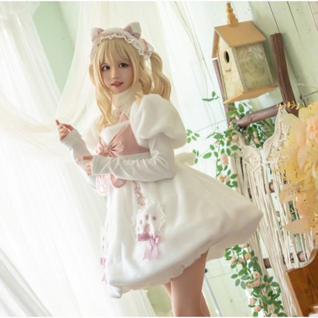 ロリィタ ワンピース 半袖 秋冬 あったか ボア 甘ロリ 肉球 ネコ 猫耳 リボン ゆめかわ ふわもこ もこもこ 姫系 防寒 冬 モコモコ 日系 ソフトガール