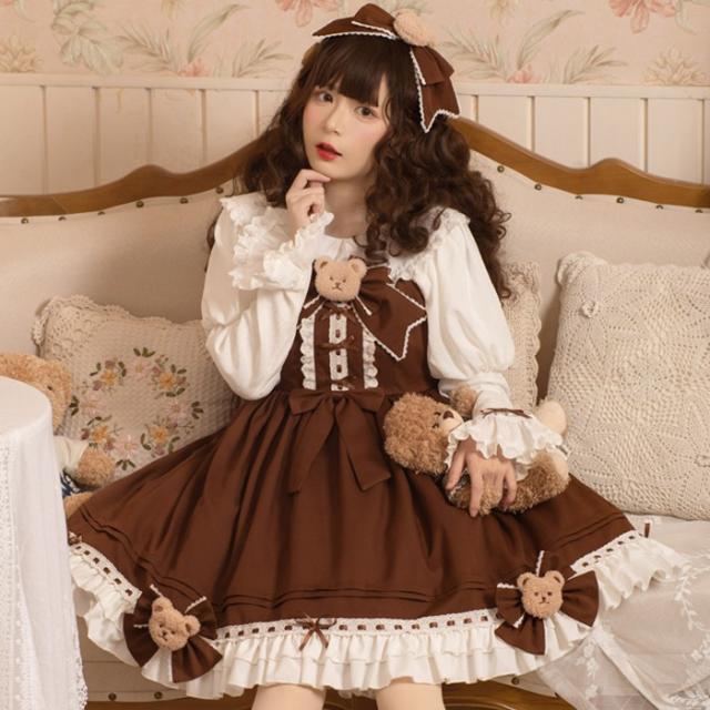 ワンピース ロリータ クマ ドレス コスプレ衣装 茶色 ジャンパースカート ブラウス 長袖 レトロ 中世紀 宮殿風 貴族風 リボン フリル 森ガール