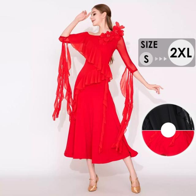 社交ダンス ドレス ダンス衣装 初心者 練習着 競技着 社交ダンス衣装 ワンピース 長袖 レース 透け感 豪華 パーティー モダン スタンダード ルンバ 専用 発表会 開場ドレス ストレッチ 団体 レッド ブラック S M L XL 2XL