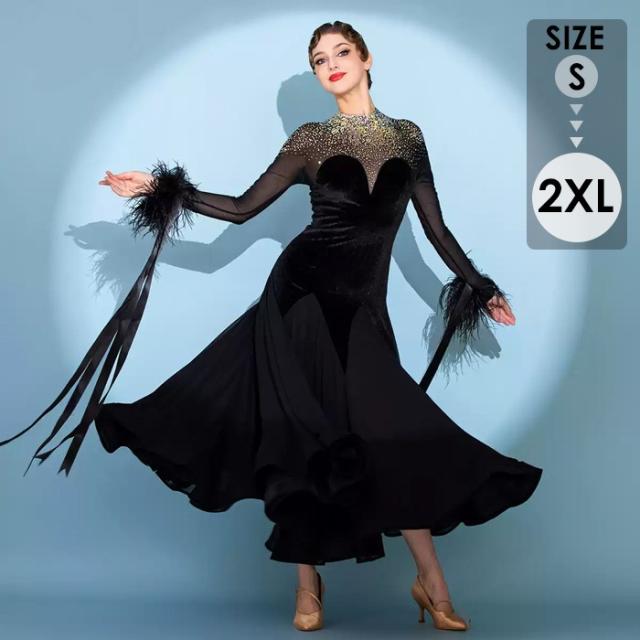 社交ダンス ドレス ダンス衣装 初心者 練習着 競技着 社交ダンス衣装 ワンピース 長袖 レース 透け感 豪華 パーティー モダン スタンダード ルンバ 専用 発表会 開場ドレス ストレッチ 団体 ブラック S M L XL 2XL