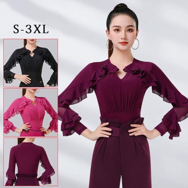 社交ダンス トップス レオタード 股下ホック 長袖 透け感 フリル 胸パッド付き ラテン モダン タンゴ サンバ ダンスウェア  舞台用 ステージ衣装 練習着 レッスンウェア ブラック ブラック ローズ パープル S-4L