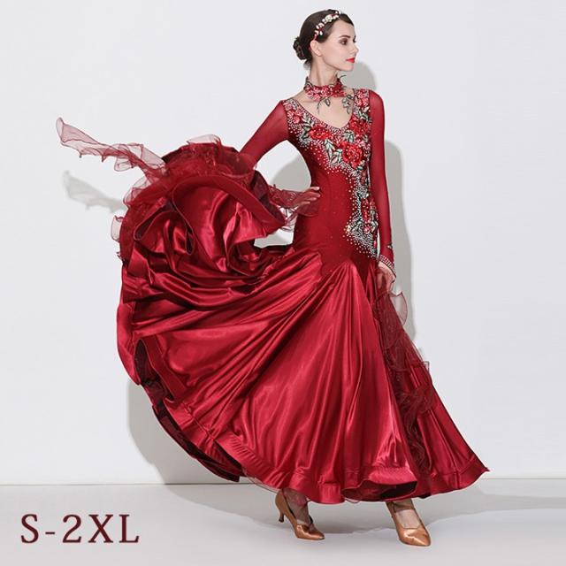 高品質 社交ダンス ドレス 社交ダンス衣装 ワンピース 長袖 広がる裾 花柄 レッスン着 発表会 競技着 練習着 演出用 スタンダード ワルツ専用ドレス ロング丈 オールシーズン ワインレッド S M L XL 2XL