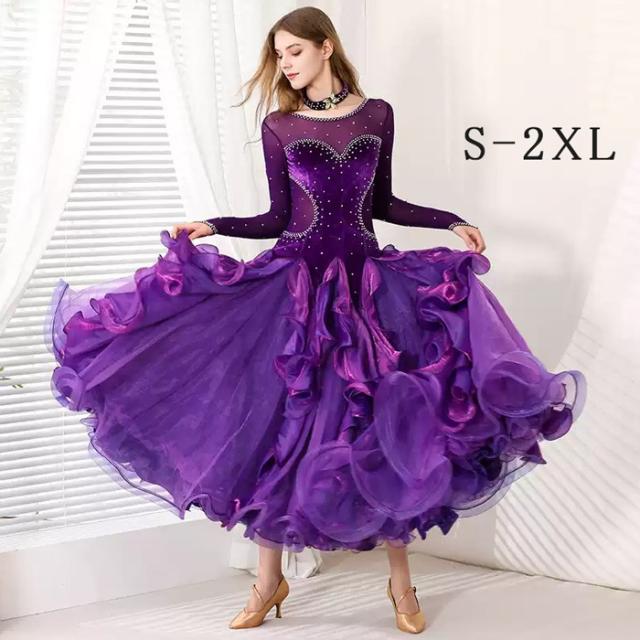 社交ダンス ドレス 社交ダンス衣装 長袖 初心者 練習着 広がる裾 発表会用 ワンピース パーティー スタンダード レッスン着 発表会 競技着 演出用 開場ドレス ワルツ専用ドレス ロング丈 オールシーズン パープル