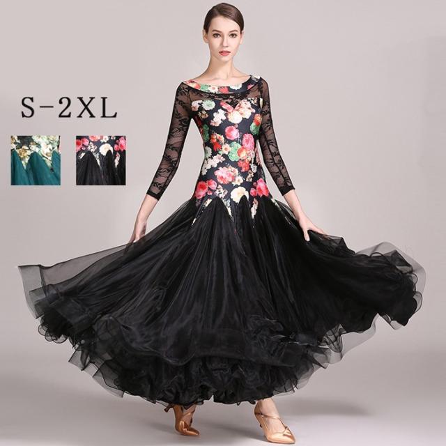社交ダンス ドレス 社交ダンス衣装 長袖 初心者 花柄 練習着 広がる裾