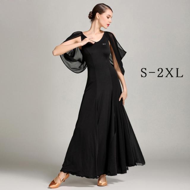 社交ダンス ドレス 社交ダンス衣装 長袖 黒 初心者 練習着 広がる裾 発表会用 ワンピース パーティー スタンダード レッスン着 発表会 競技着 演出用 開場ドレス ワルツ専用ドレス ロング丈 オールシーズン ブラック