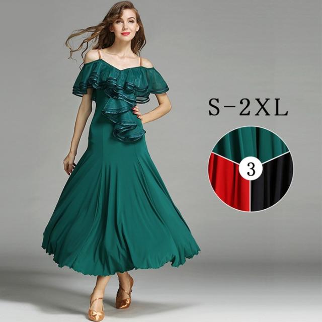 社交ダンス ドレス 社交ダンス衣装 長袖 初心者 練習着 広がる裾 発表会用 ワンピース パーティー スタンダード レッスン着 発表会 競技着 演出用 開場ドレス ワルツ専用ドレス ロング丈 オールシーズン ブラック